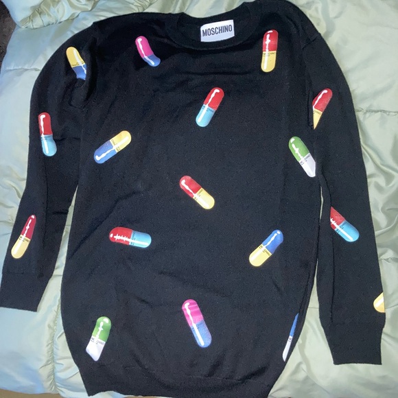 Moschino | Dresses | Moschino Black Couture Pill Sweater Dress | Poshmark